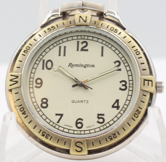 Remington Quartz Open Face Pocket Watch Stainless Steel w Brass BezelJ ...