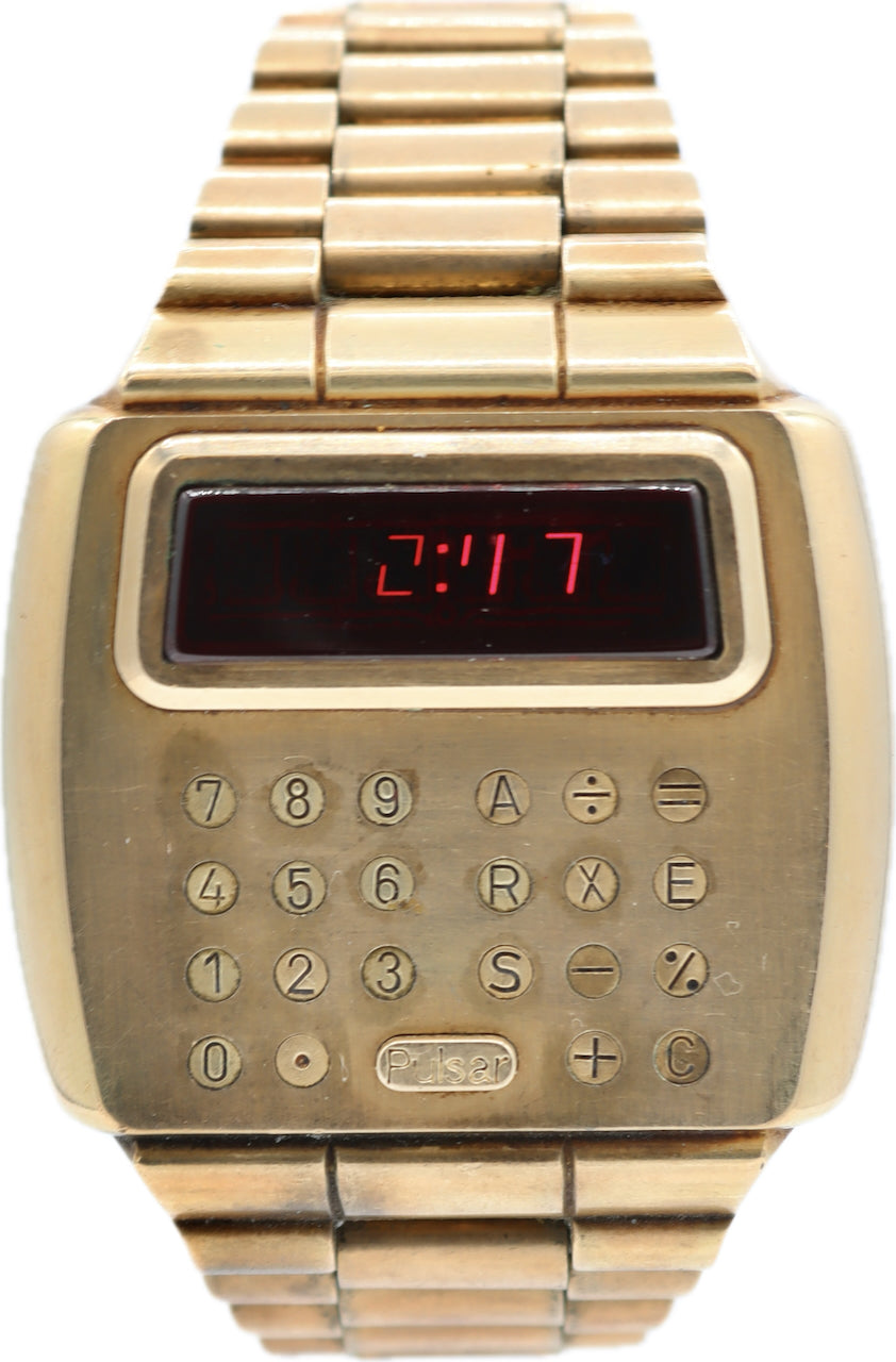 40mm Pulsar Calculator Men's Digital LED Wristwatch USA14k Gold Filled ...