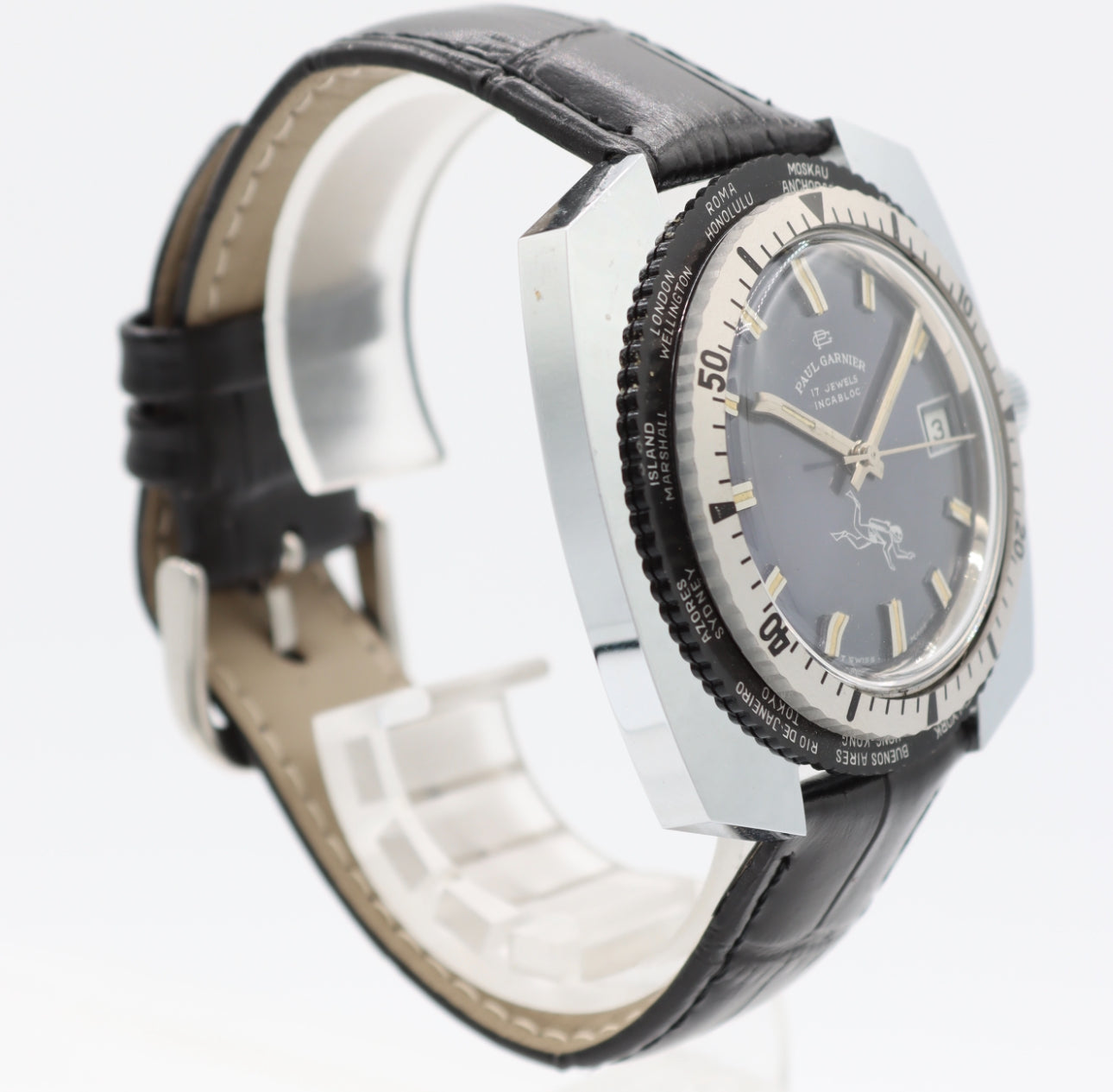 Vintage 45mm Paul Garnier World Time Diver Men's Mechanical Wristwatch ...