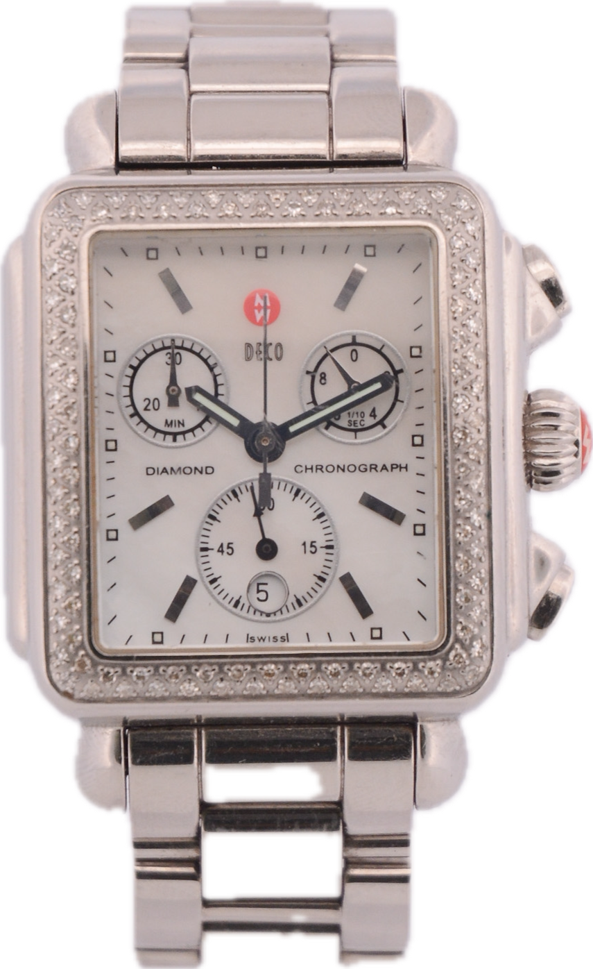 33mm Michele Deco Chronograph Diamonds Ladies Quartz Wristwatch Stainl ...