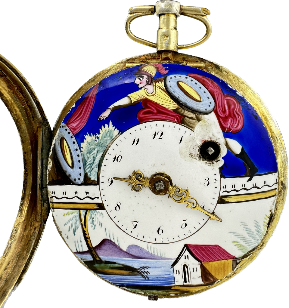 Antique Key Wind Fusee Pocket Watch French w Fancy Enamel Painted Scen ...
